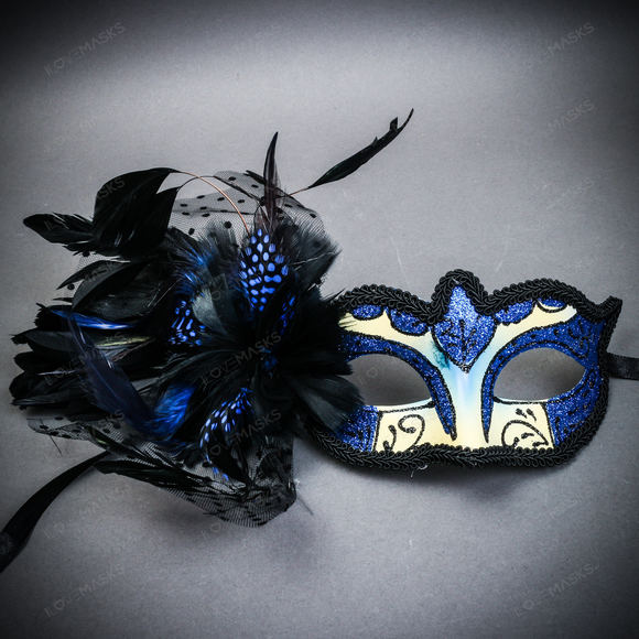 ILOVEMASKS | Accessories | Venetian Black Side Feather Blue Glitter ...